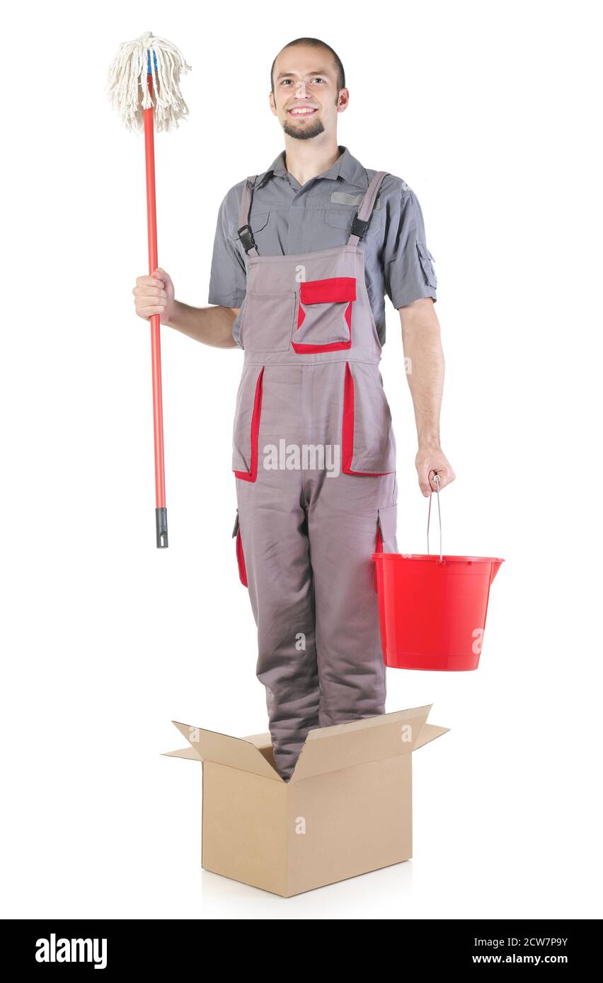 Janitor with bucket on his head Stock Photo - Alamy