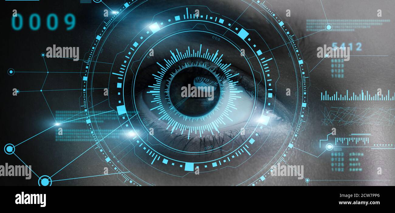 Creative collage with woman eye in process of scanning and digital ...