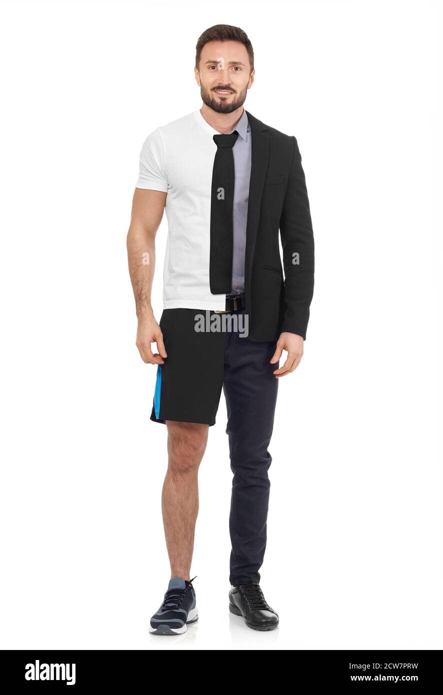 A cheerful man with two personalities-sportsman and businessman, white ...