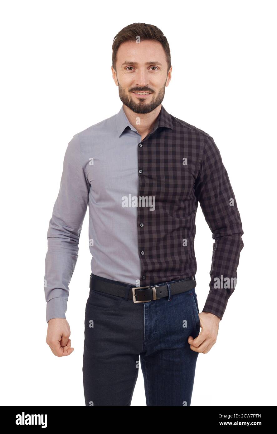 A cheerful man with two personalities-casual and businessman, white ...