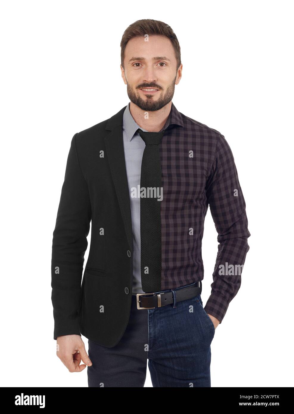 A cheerful man with two personalities-casual and businessman, white ...