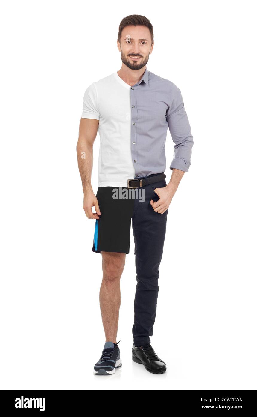 A cheerful man with two personalities-sportsman and businessman, white ...