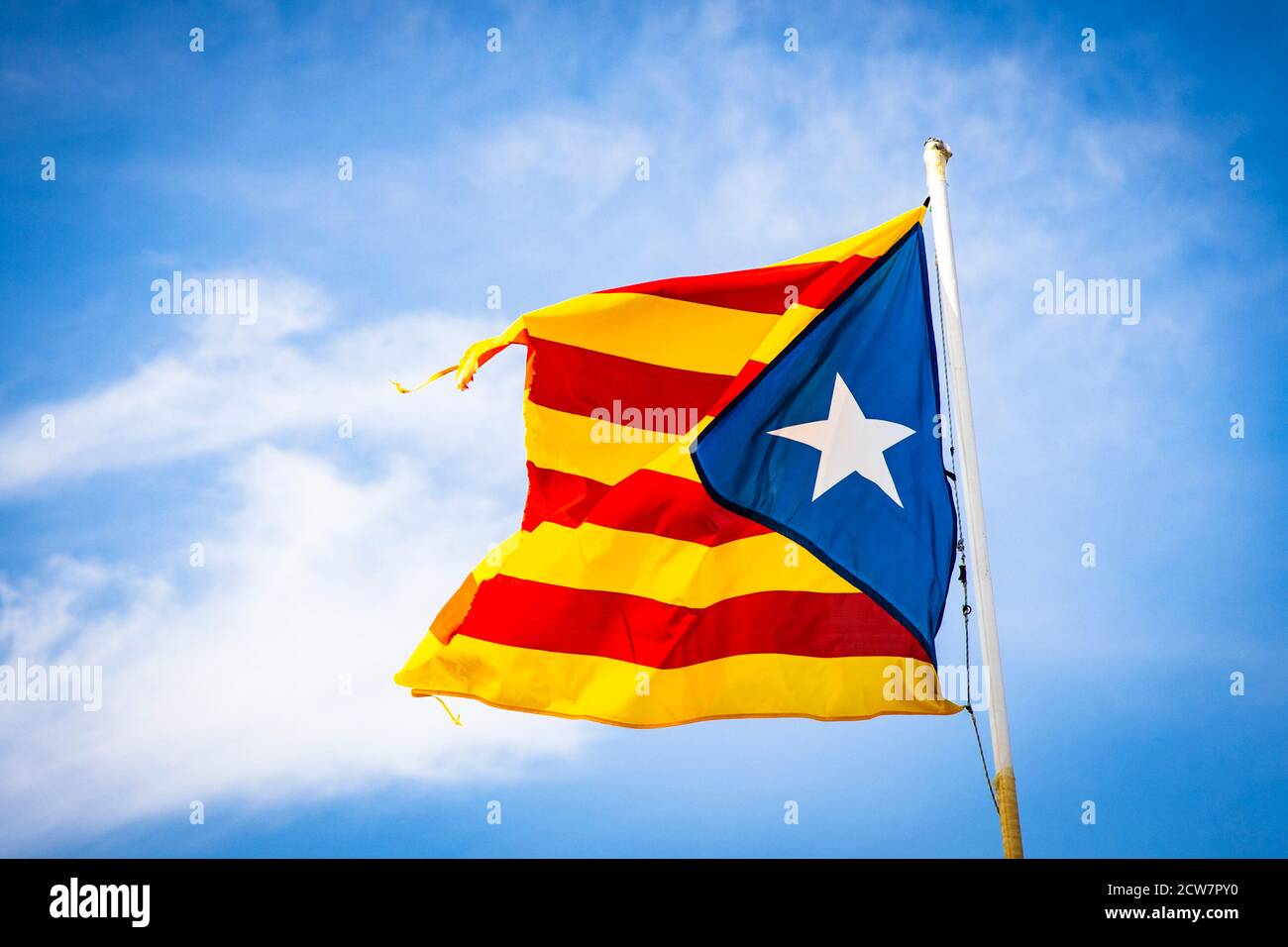 Catalan independence flag, Estelada, being flown in Puerto de la Selva, Catalonia, Spain Stock ...