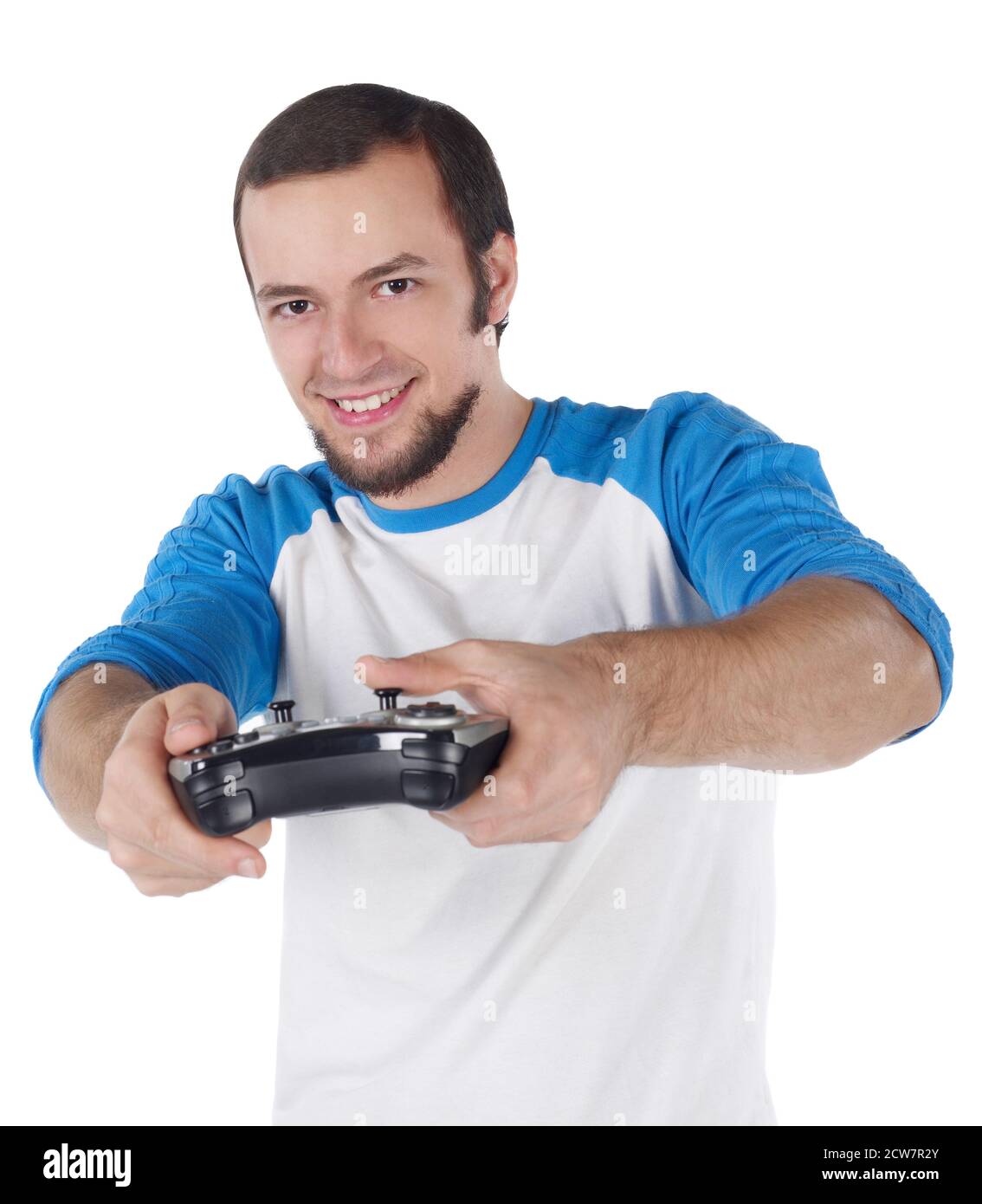 Man playing video games, white background Stock Photo - Alamy