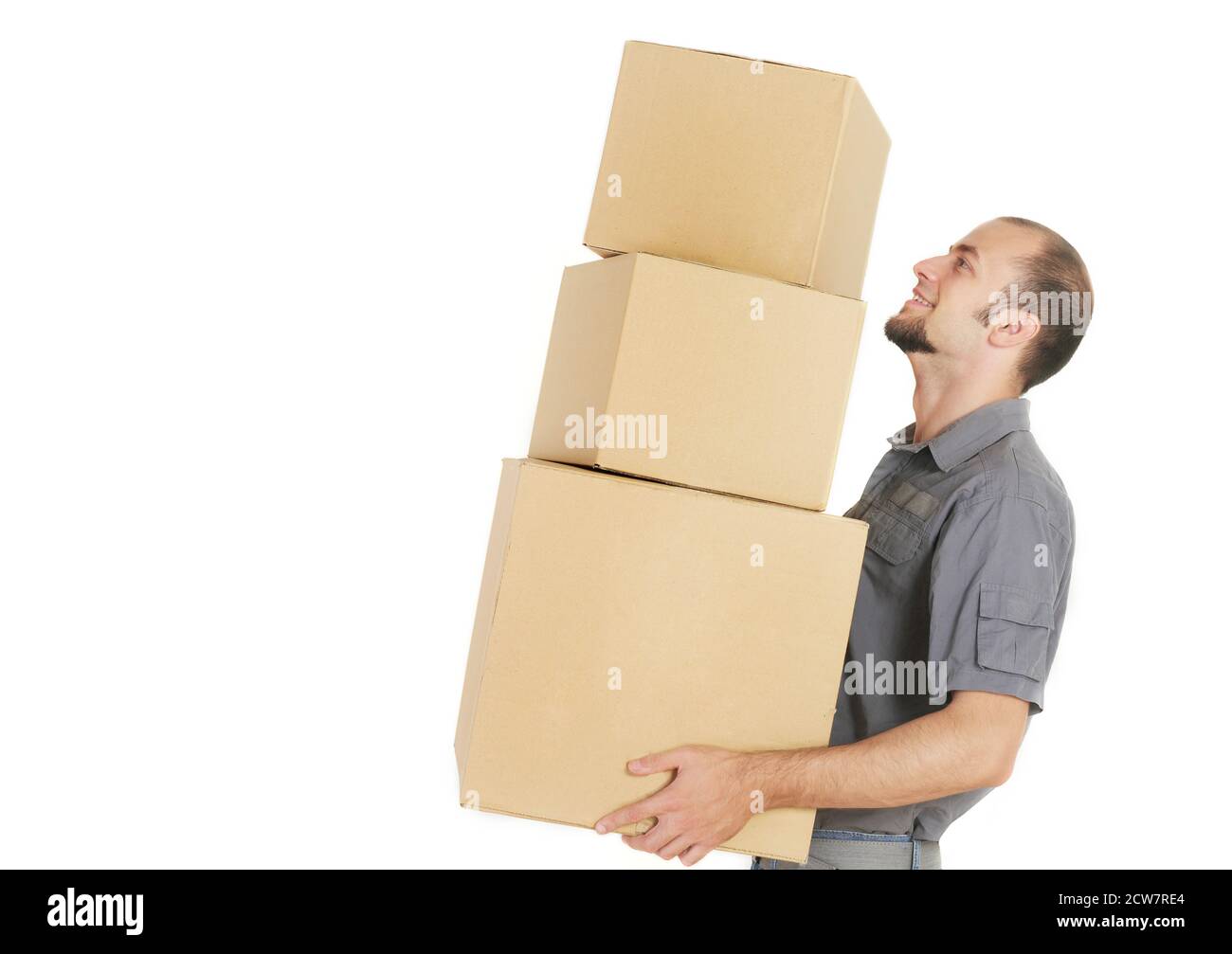 Man with boxes isolated on white Stock Photo - Alamy