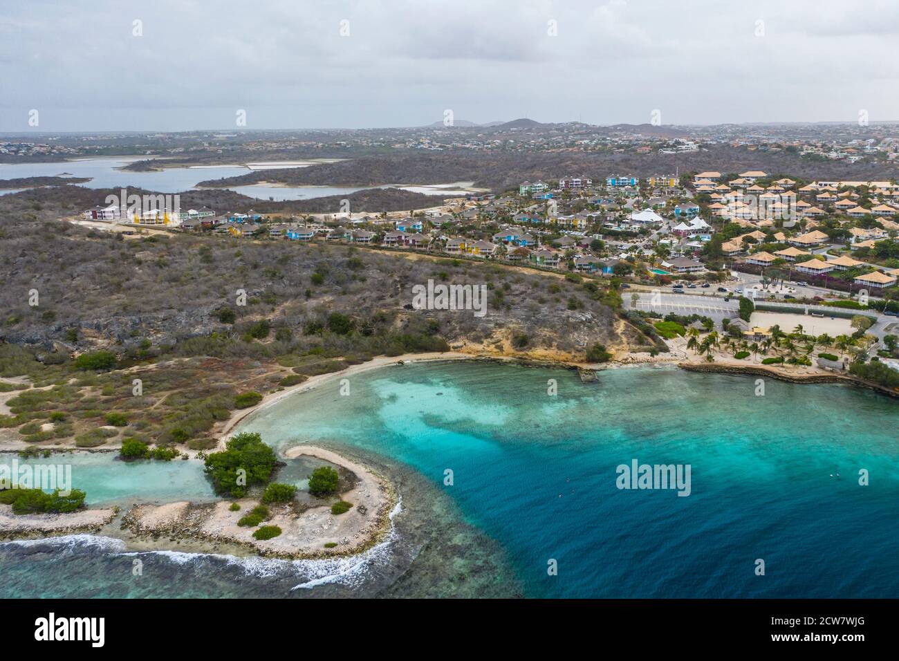 Aerial view of coast of Curaçao in the Caribbean Sea with turquoise ...