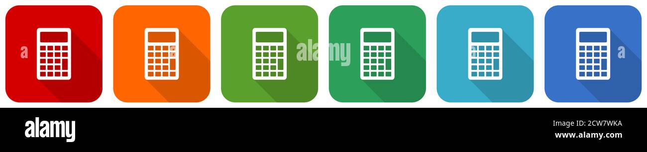 Calculator icon set, flat design vector illustration in 6 colors ...