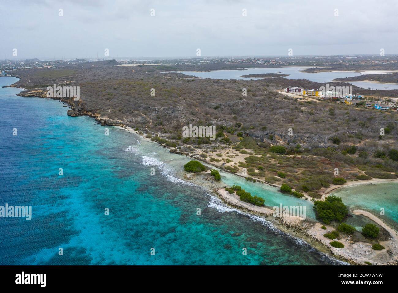 Aerial view of coast of Curaçao in the Caribbean Sea with turquoise ...