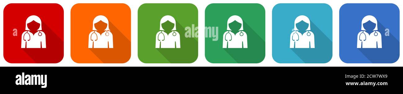 Doctor icon set, flat design vector illustration in 6 colors options ...