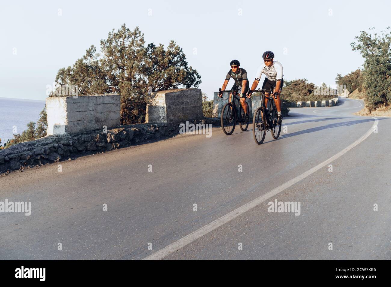 Two professional male cyclists riding their racing bicycles in the ...