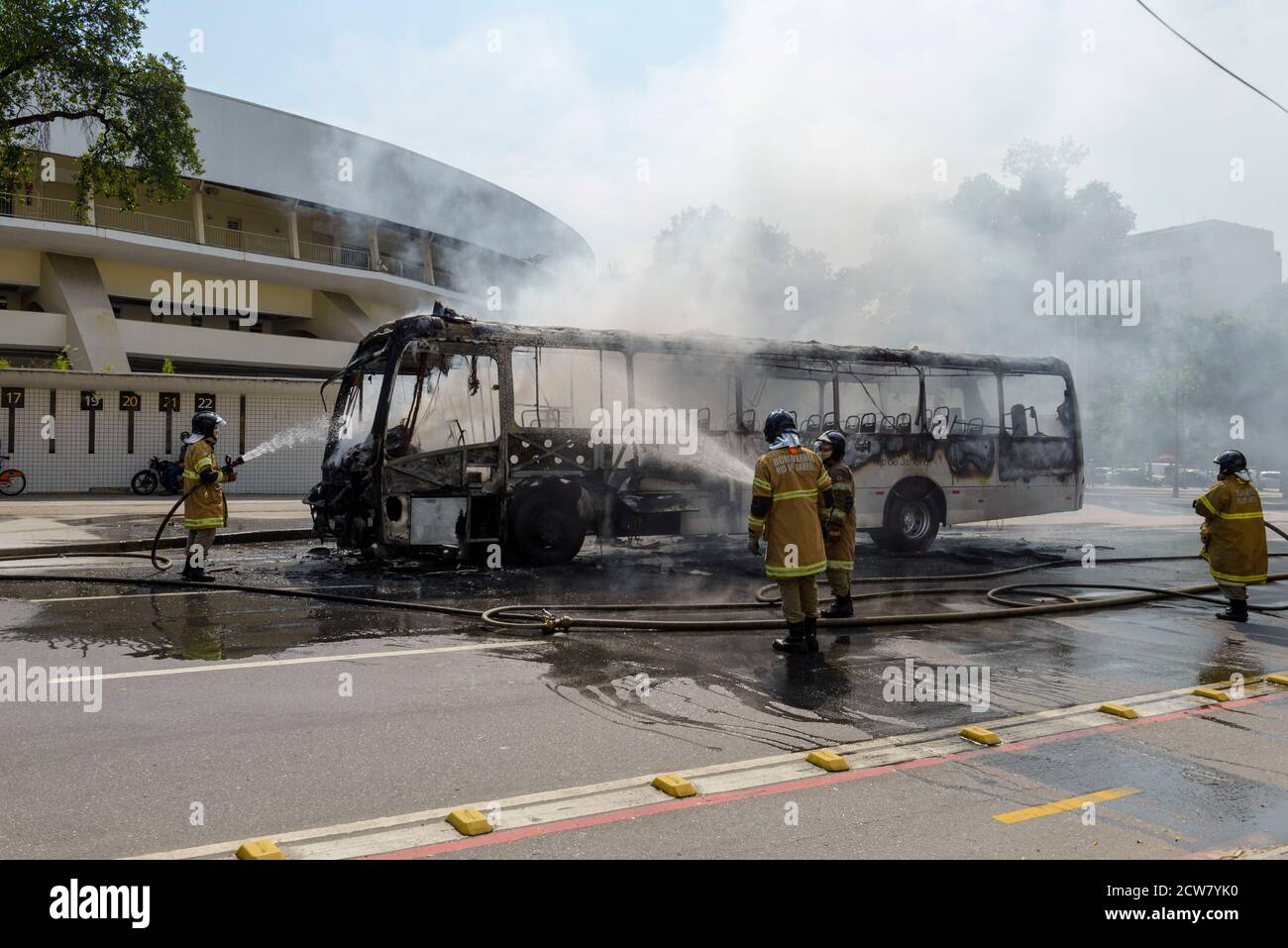 Rio, Brazil - september 28, 2020: fire brigade fighting a fire on bus ...
