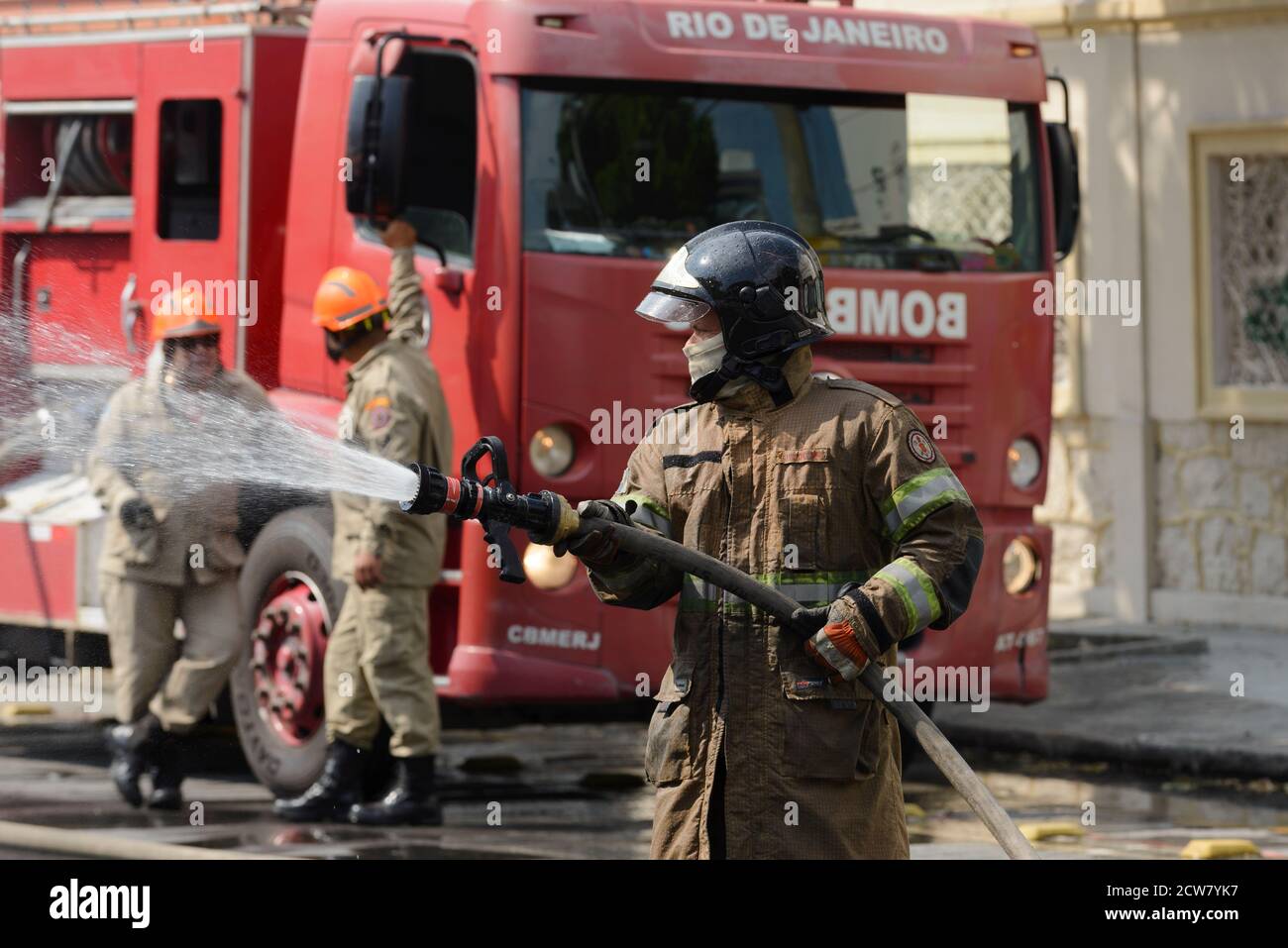 Rio, Brazil - september 28, 2020: fire brigade fighting a fire on bus ...