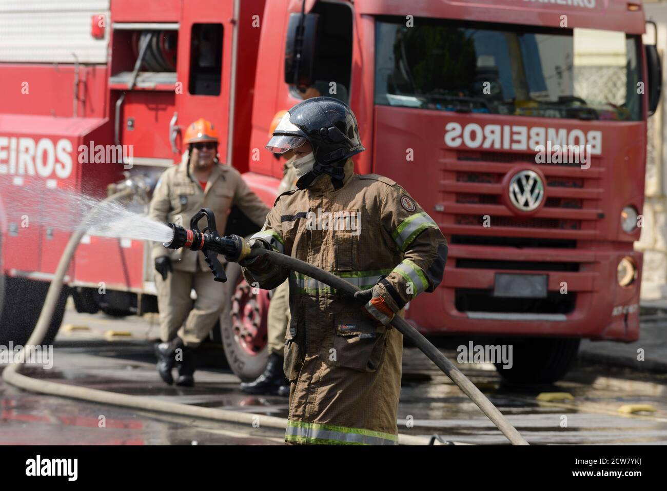 Rio, Brazil - september 28, 2020: fire brigade fighting a fire on bus ...