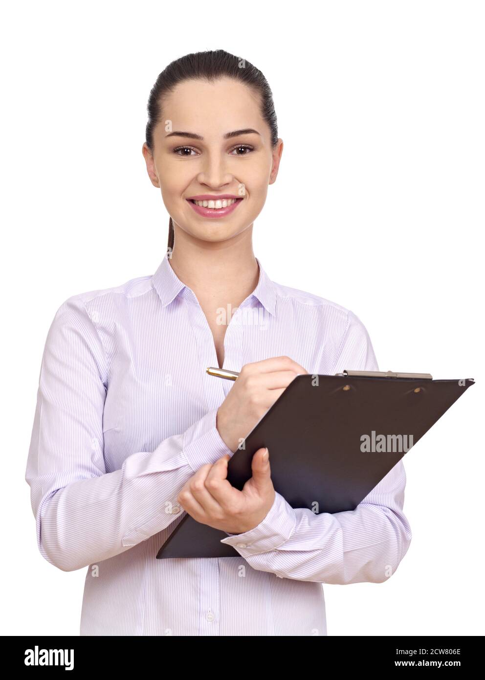 Woman with clipboard isolated Stock Photo - Alamy