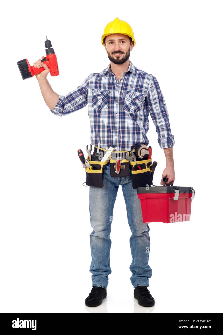 Handyman with drill and toolbox Stock Photo - Alamy