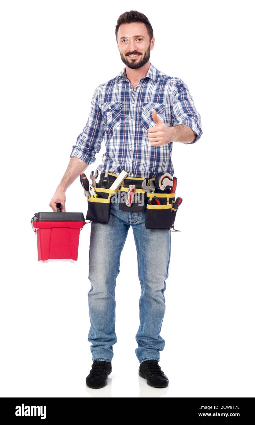 Handyman with toolbox on white background Stock Photo - Alamy