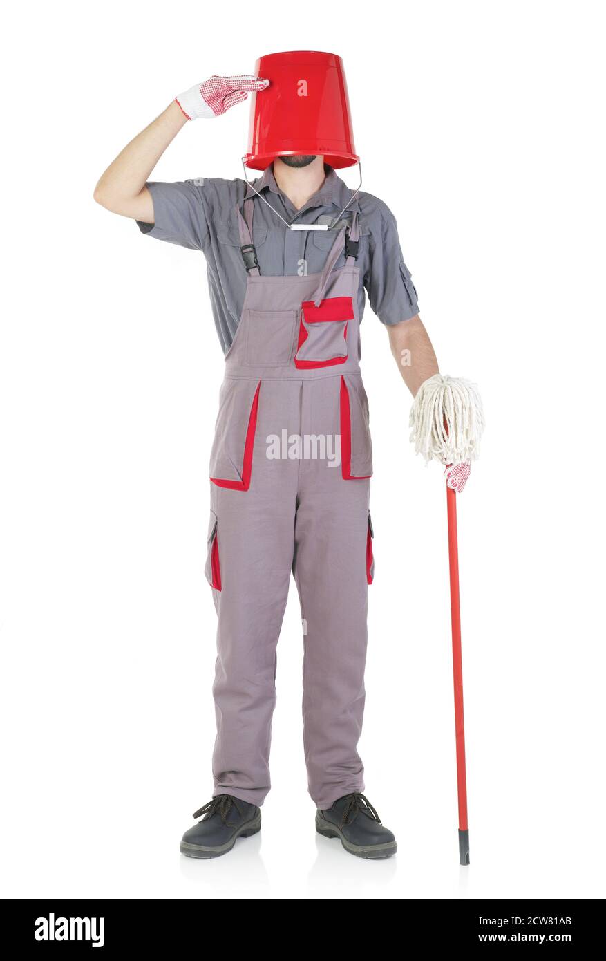 Janitor with bucket on his head Stock Photo - Alamy