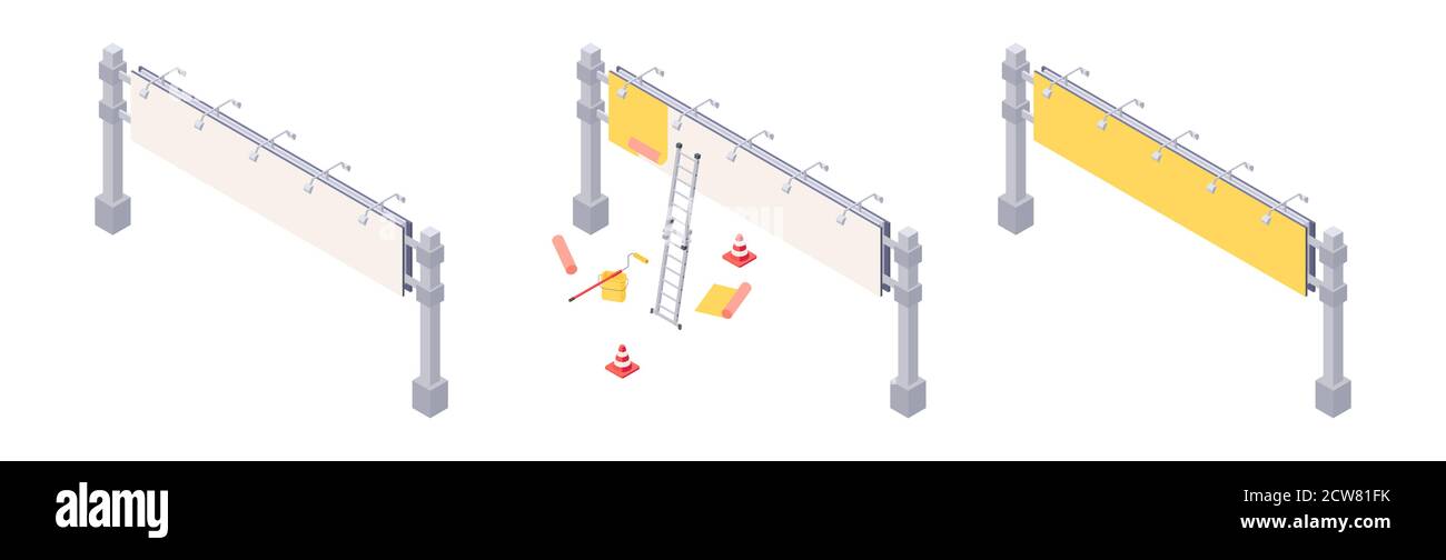 Billboard installation isometric vector with various stages of sticking ...