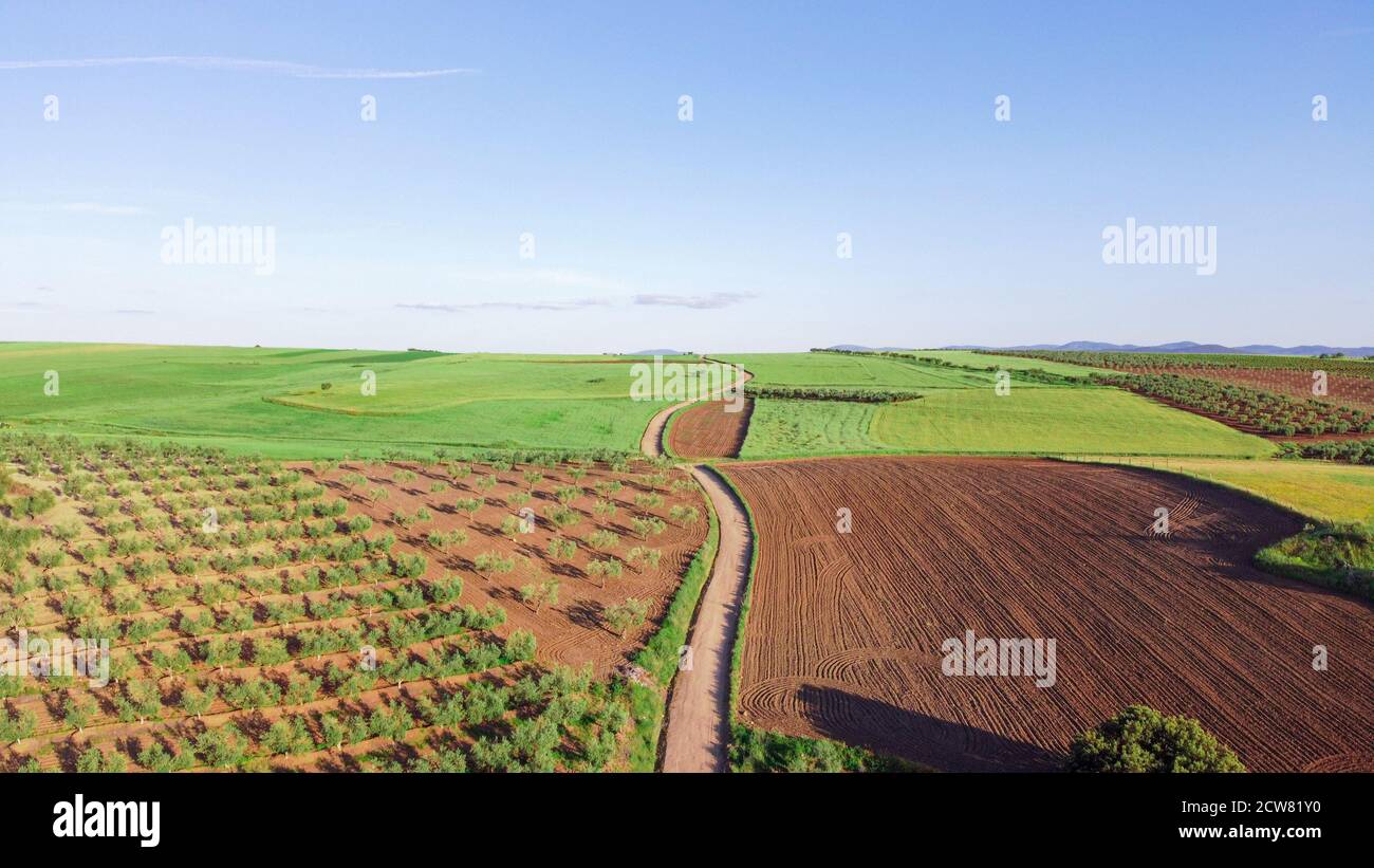 Aerial view of vast farmland with a country road on the middle Stock ...