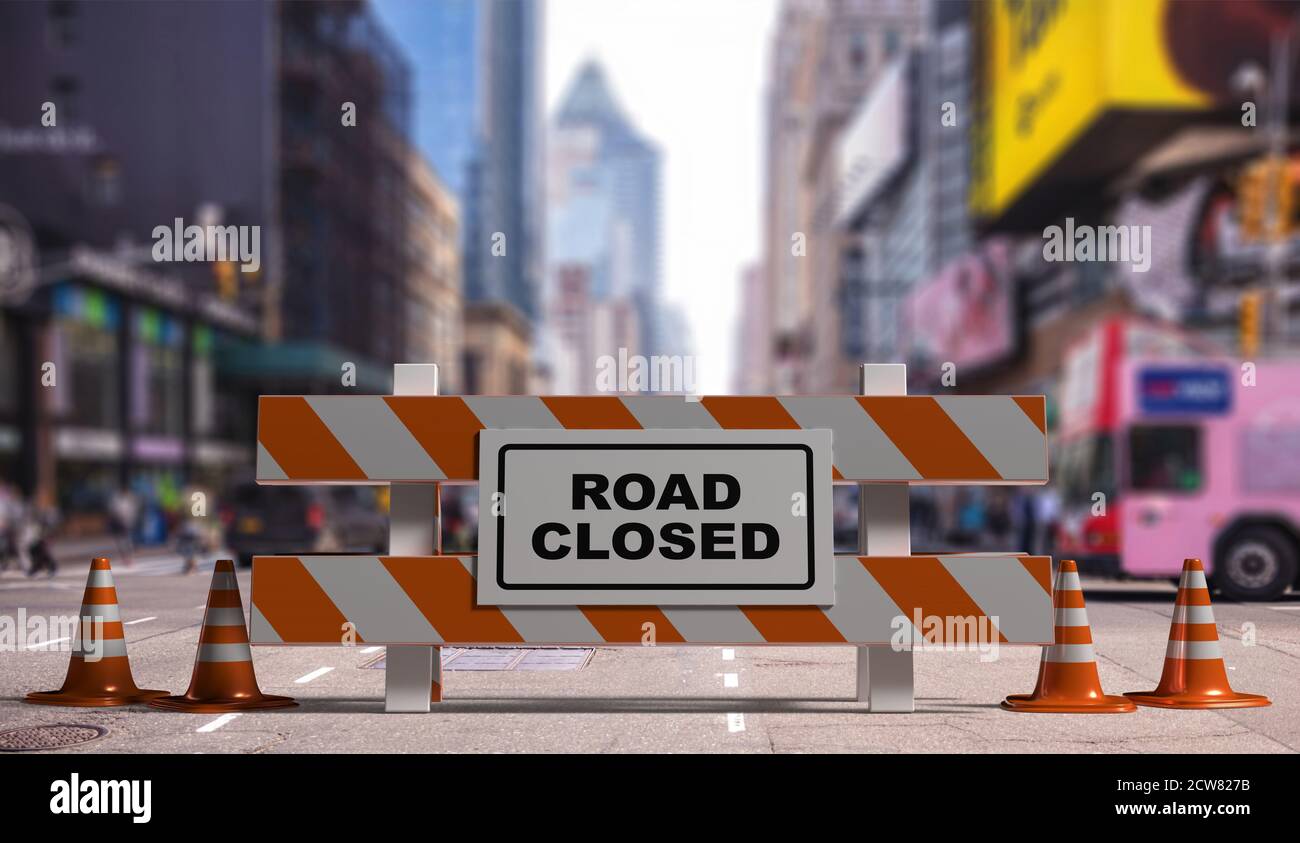 Road Closed text sign, street barrier and traffic cones downtown, city ...