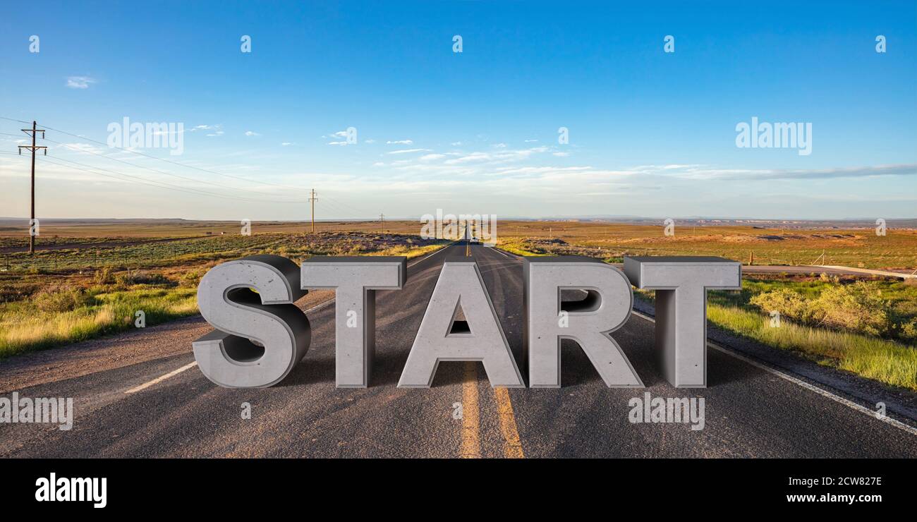 Start, beginning concept. Text sign concrete solid letters on the ...