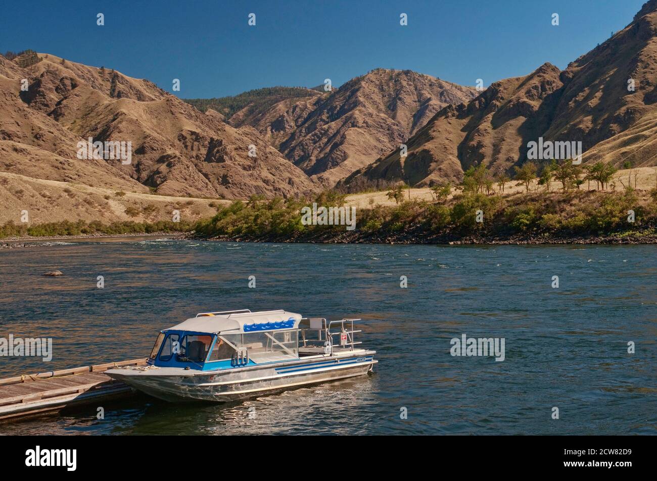 Boat at Pittsburg Landing on Snake River in Hells Canyon, Idaho, USA ...