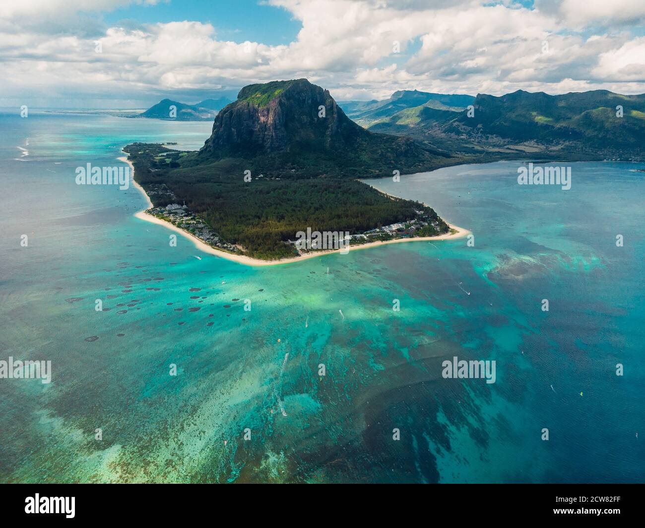 Tropical island with Le Morne mountain, ocean and beach in Mauritius ...