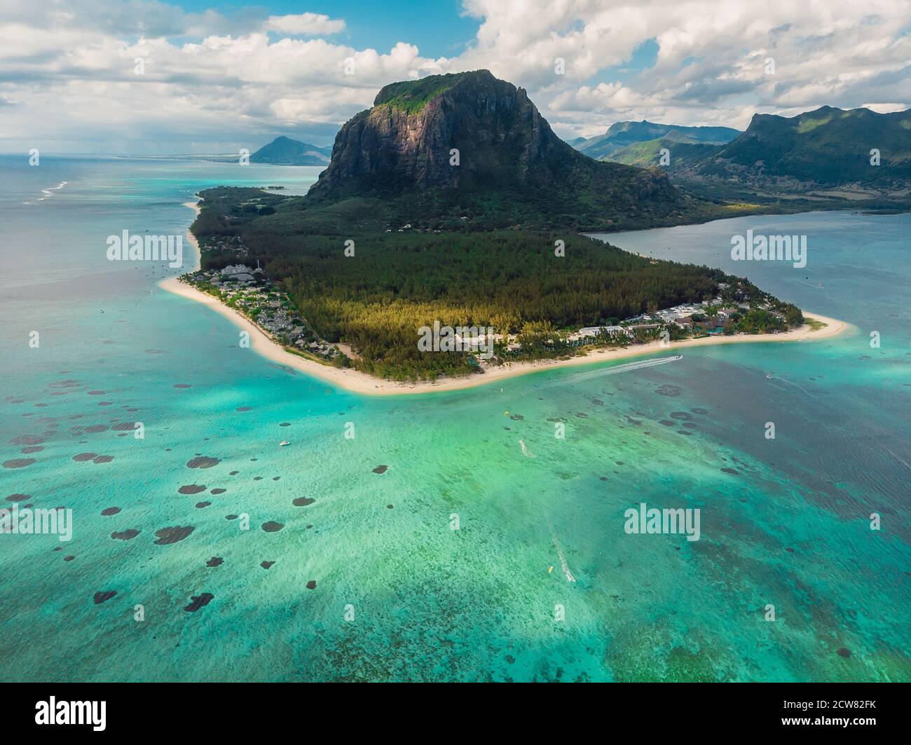 Le Morne mountain with lagoon, ocean and beach in Mauritius. Aerial ...