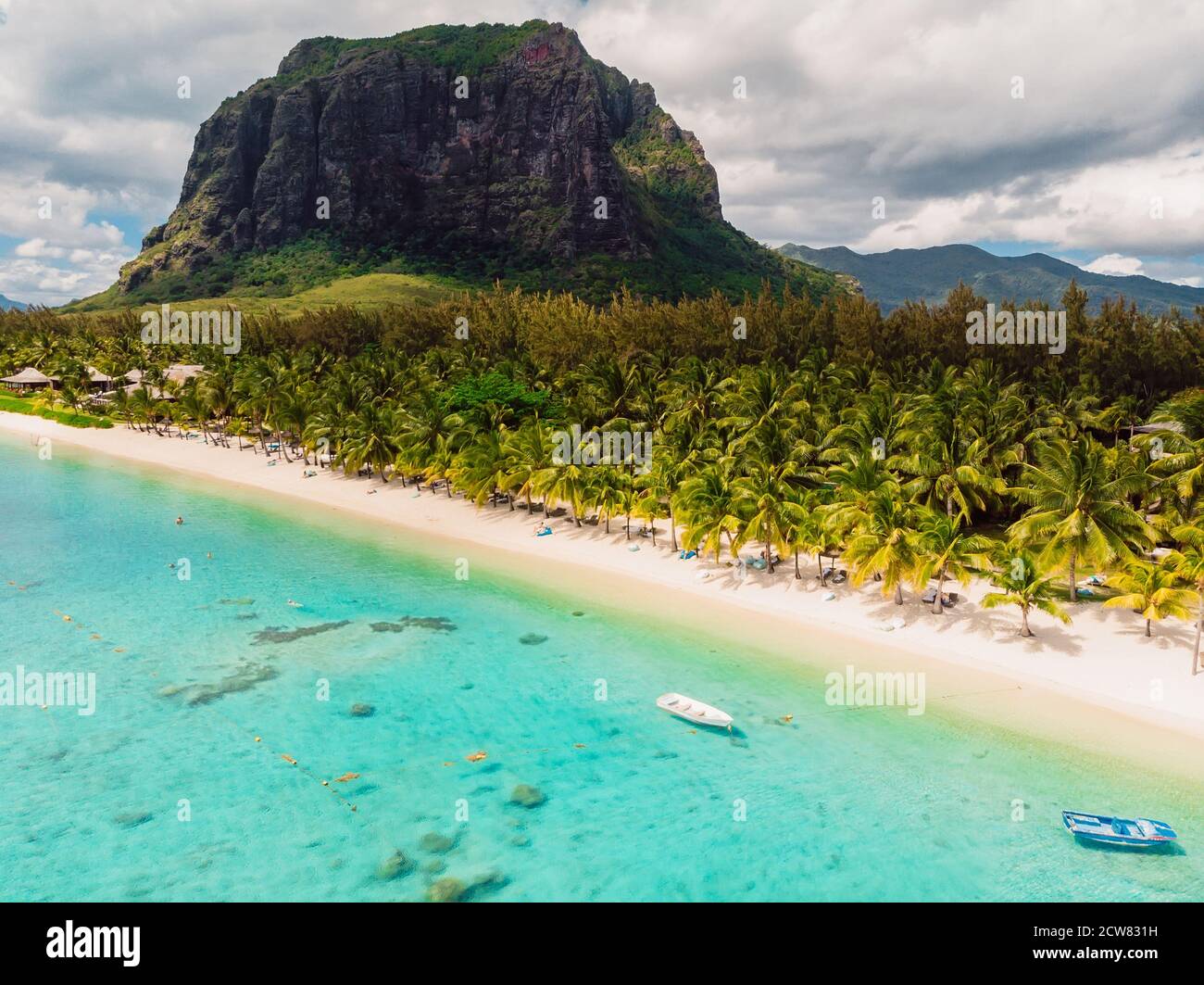 Luxury beach with mountain in Mauritius. Sandy beach with palms and ...