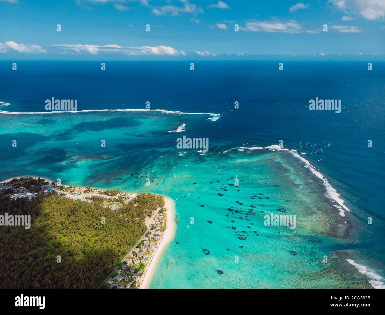 Aerial view of Mauritius island panorama and Le Morne Brabant mountain ...