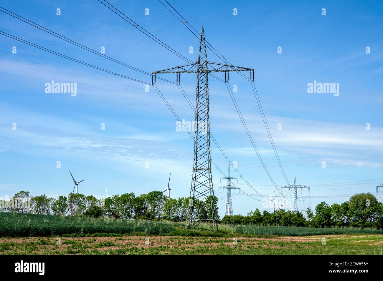 Electricity pylons and power lines seen in Germany Stock Photo - Alamy