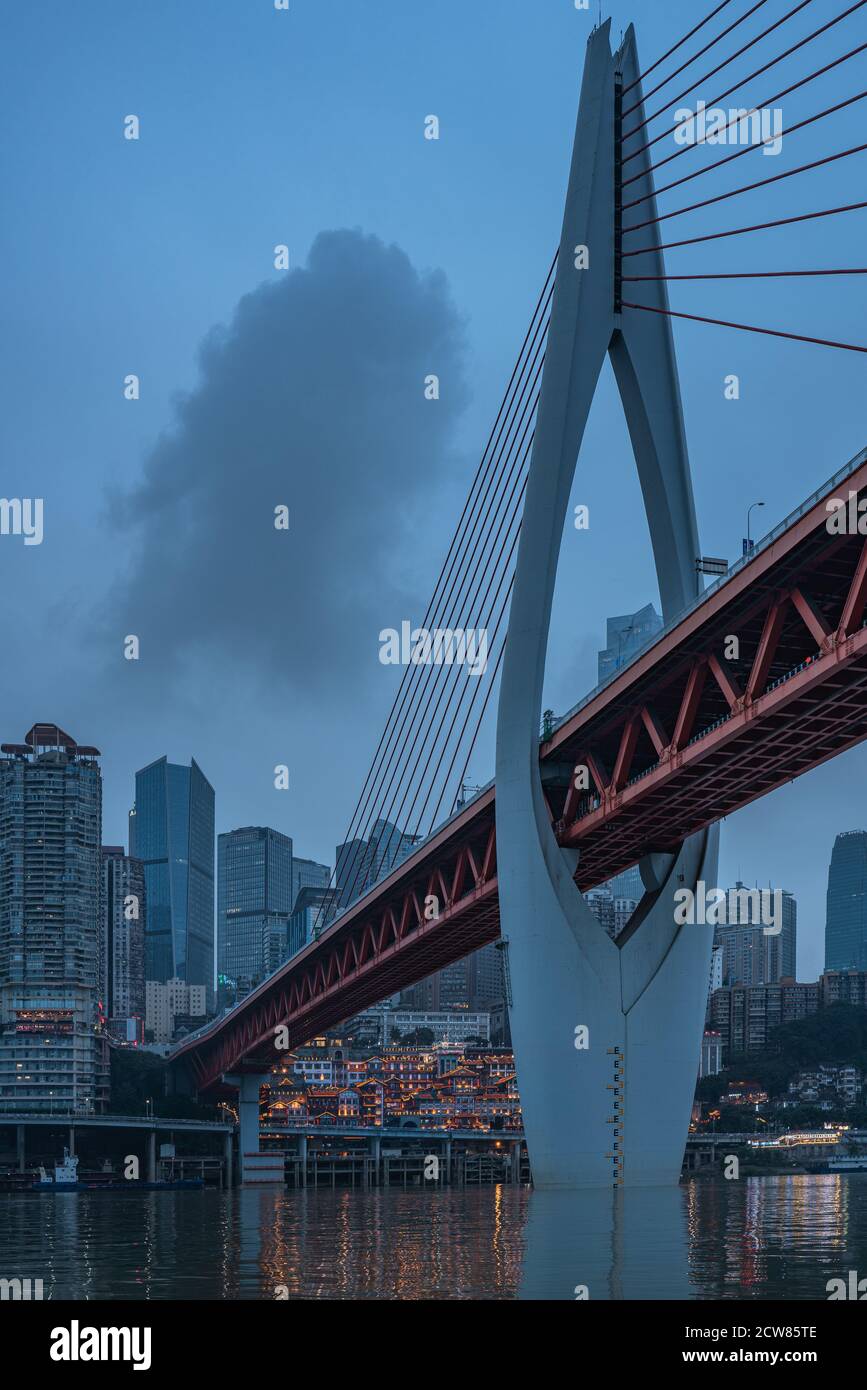 The night view of Qiansimen bridge and the skyline in Chongqing, China ...