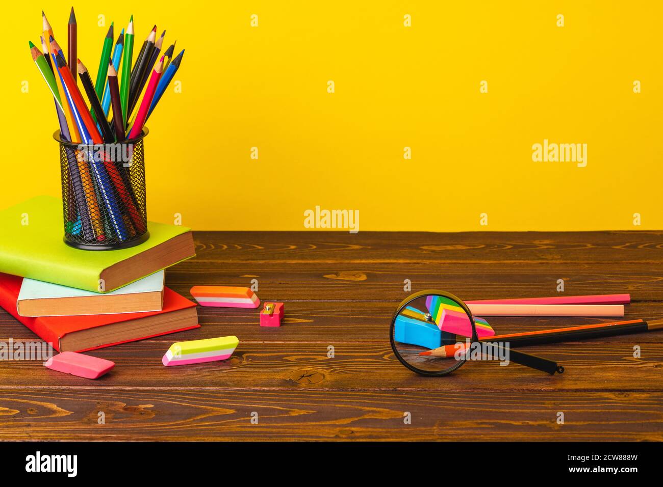 Stack books cup pencils hi-res stock photography and images - Alamy