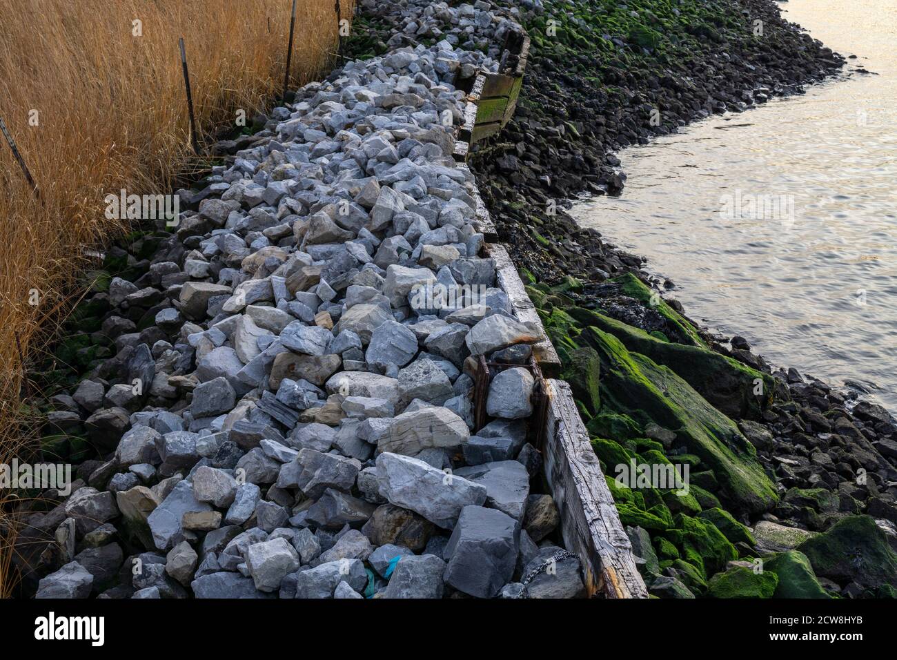 Rocks and dry grass separated by wooden panels on a river bank Stock ...