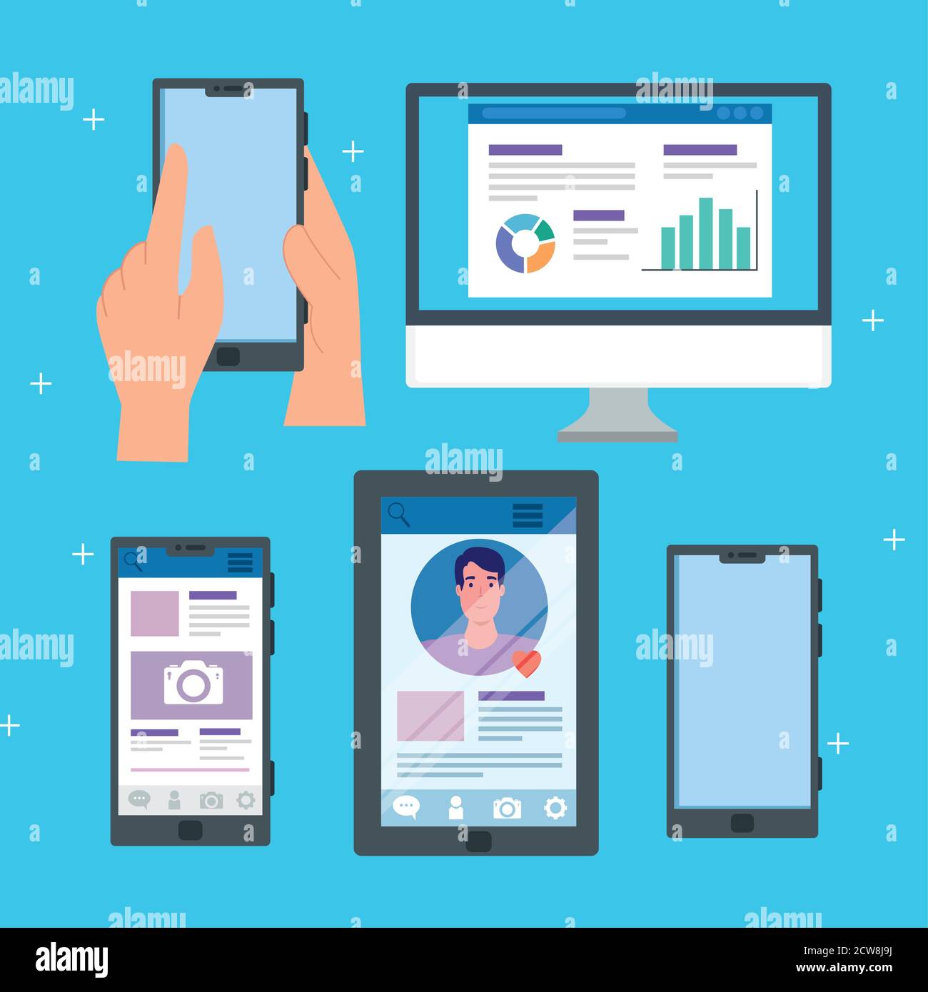 social media, set of smartphones and computer Stock Vector Image & Art ...