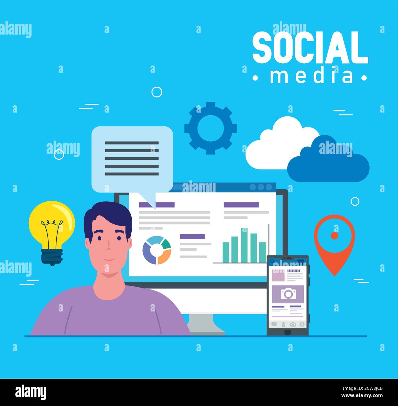 social media, man with smartphone and electronic icons Stock Vector ...