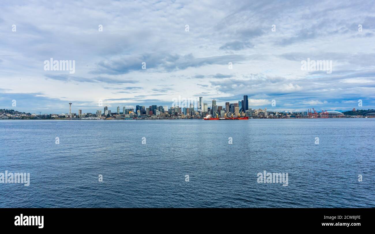 Clouds hover of the the Seattle skyline in Washington State Stock Photo ...