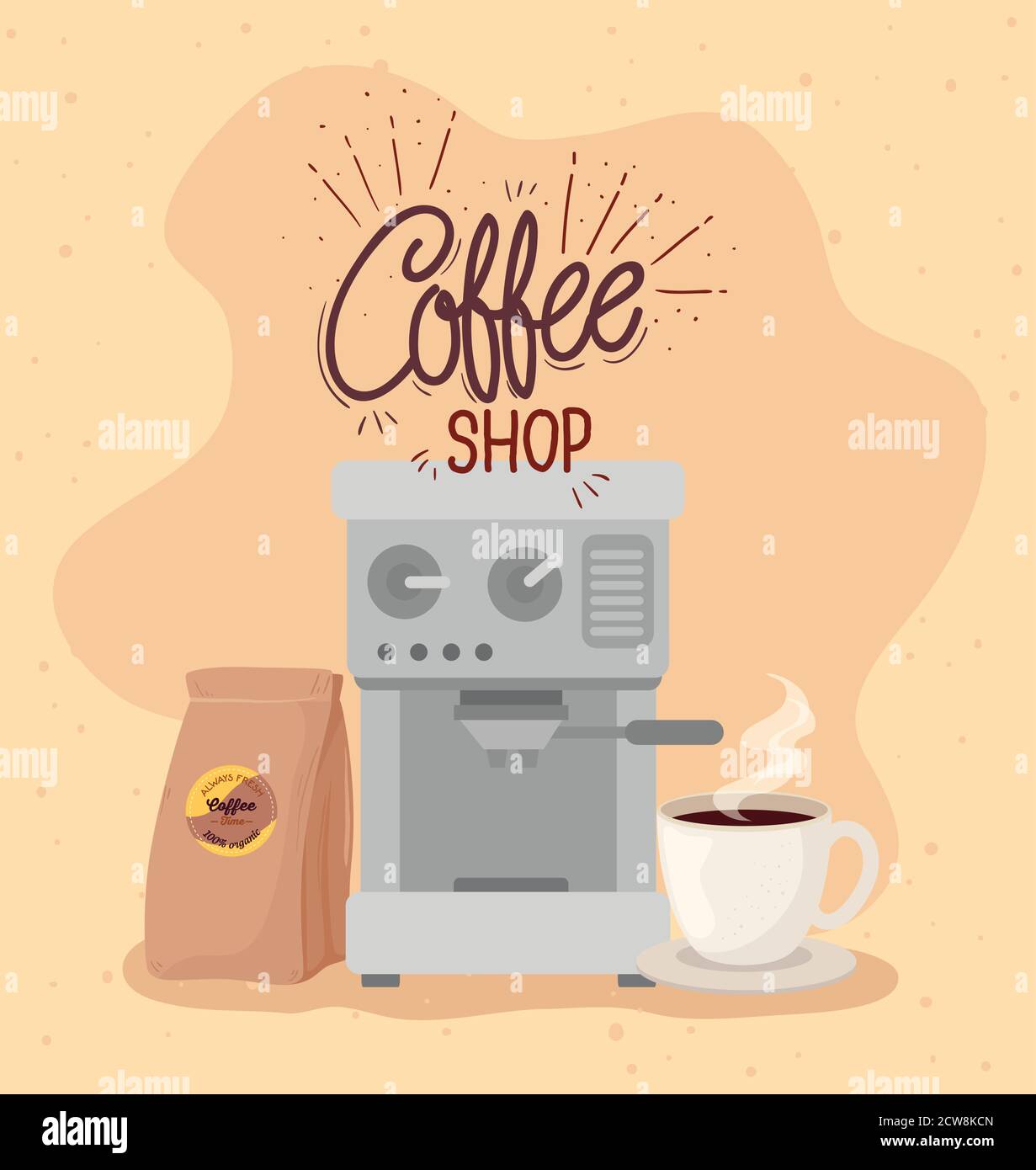 poster of coffee shop with coffee maker, bag and cup Stock Vector Image ...