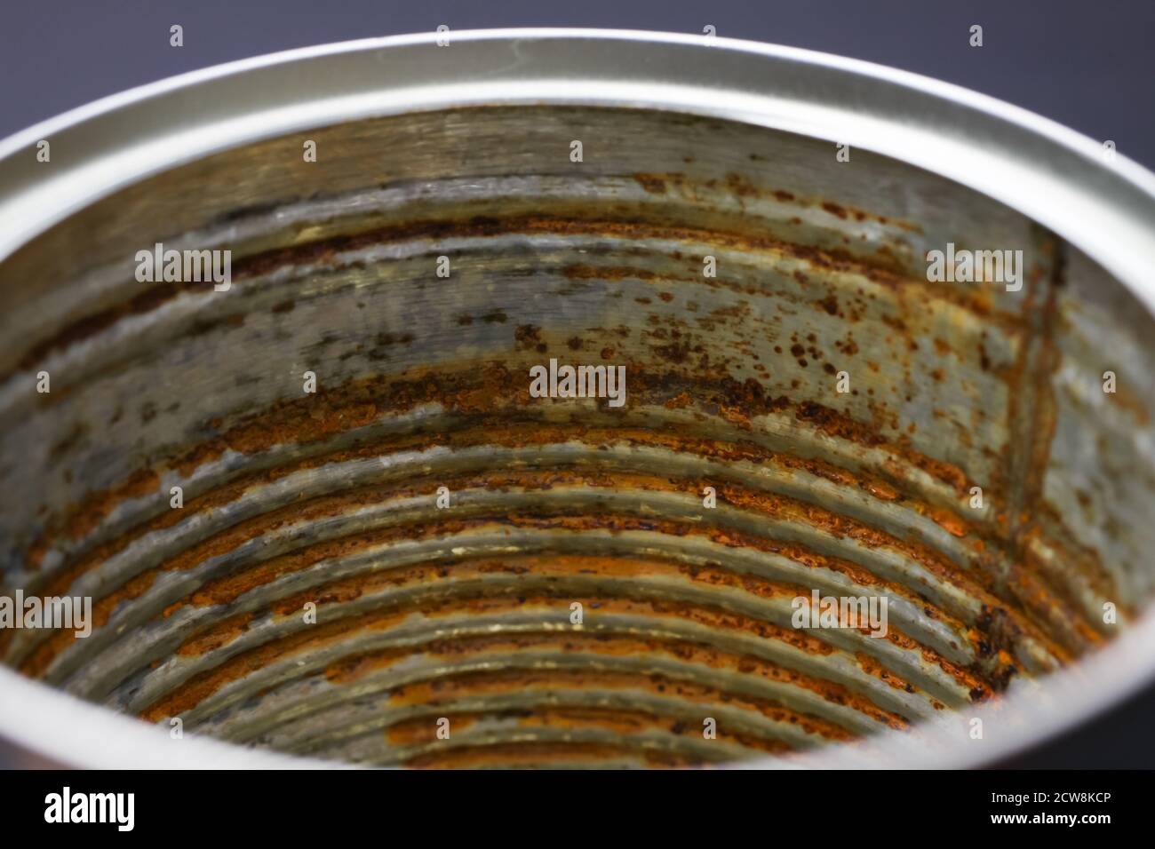 Makro closeup inside metal food can with rusty corroded surface (focus ...