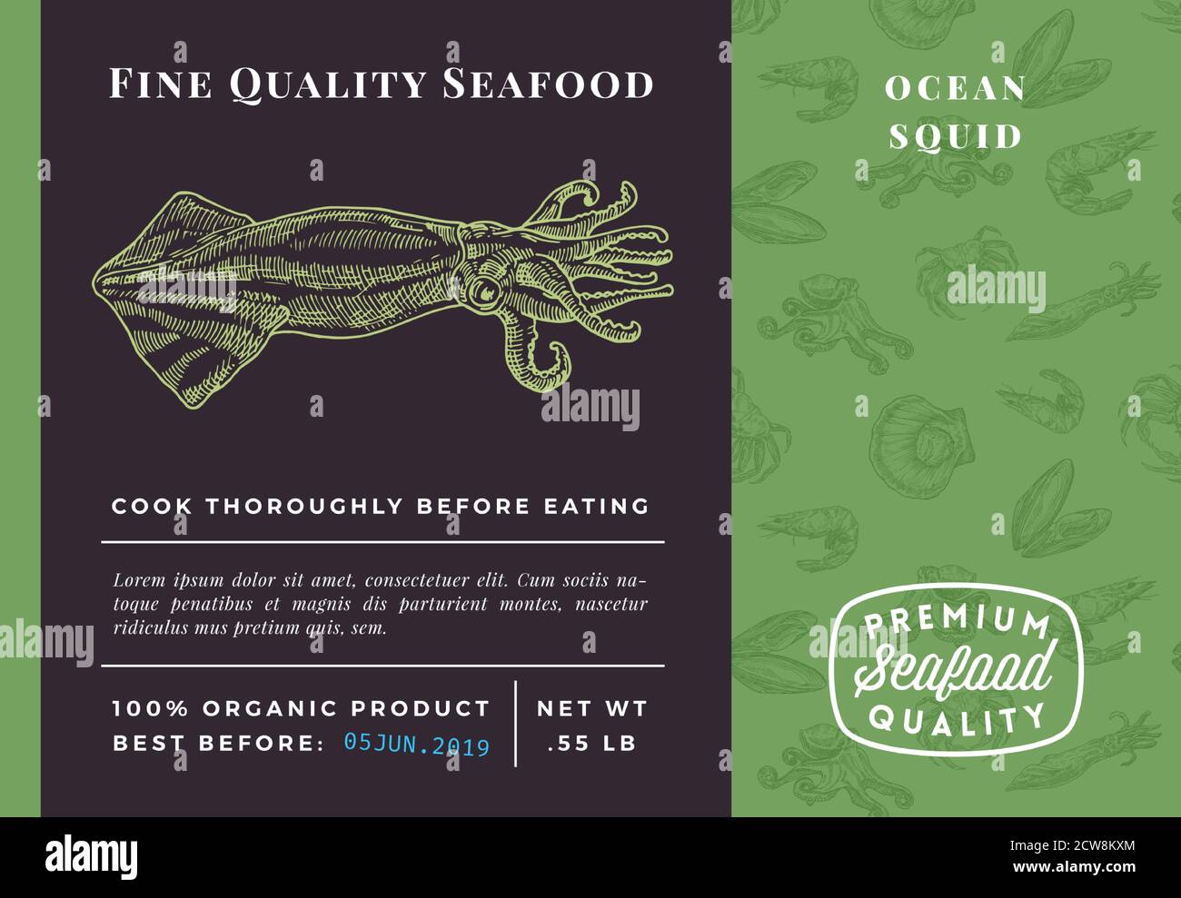 Premium Quality Seafood Abstract Vector Squid Packaging Design or Label. Modern Typography and ...