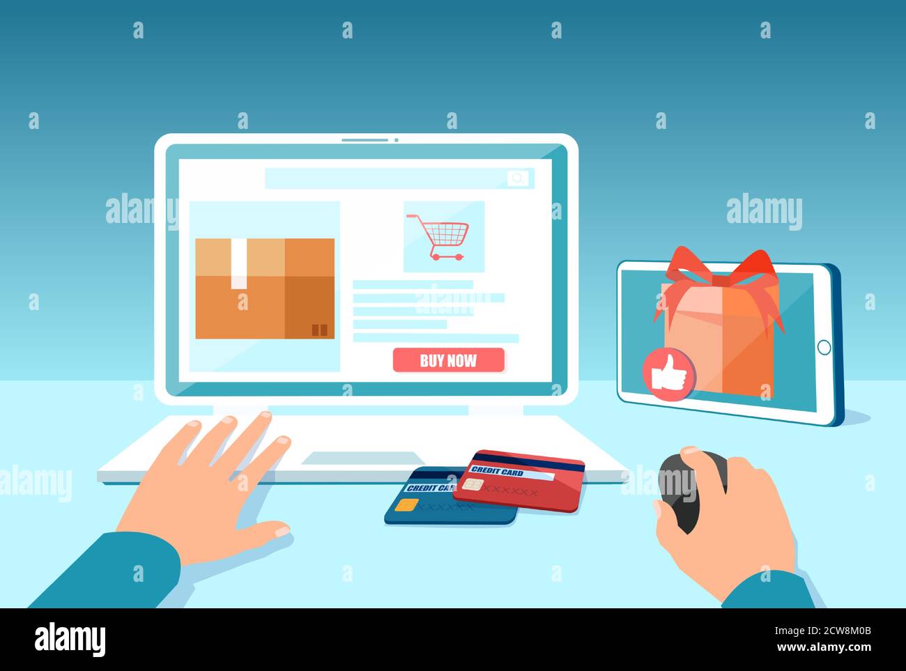 Vector of a man shopping online and and making orders using a laptop ...