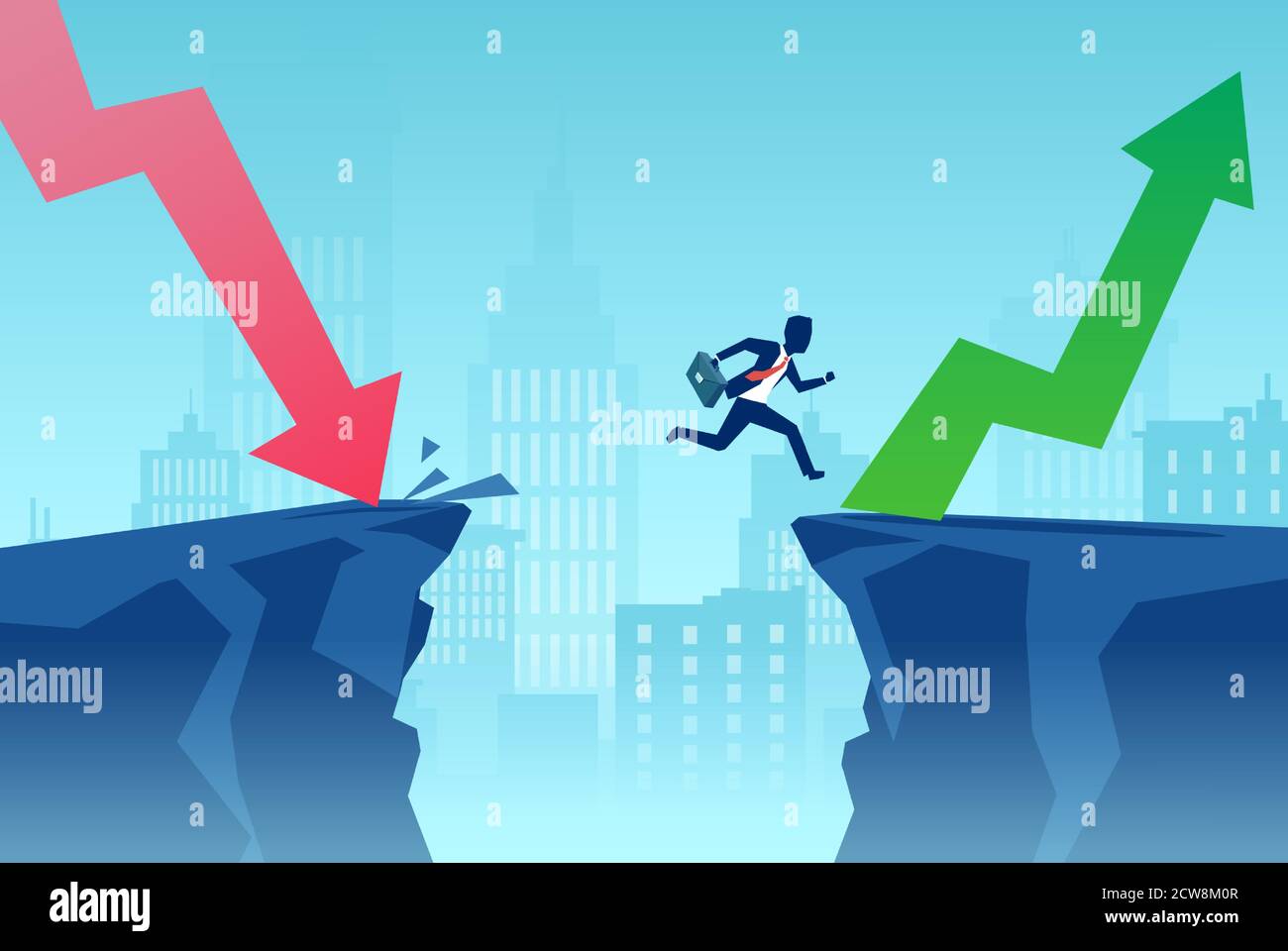 Vector of a businessman jumping over a cliff to overcome financial ...