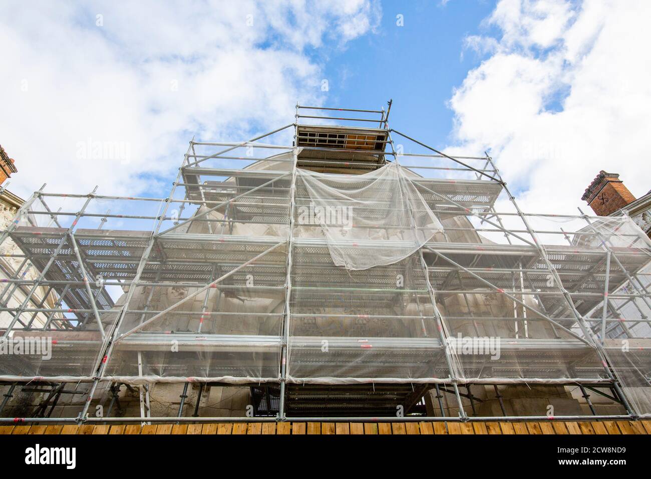 Wide angle of large scale repair site of a building. Construction ...