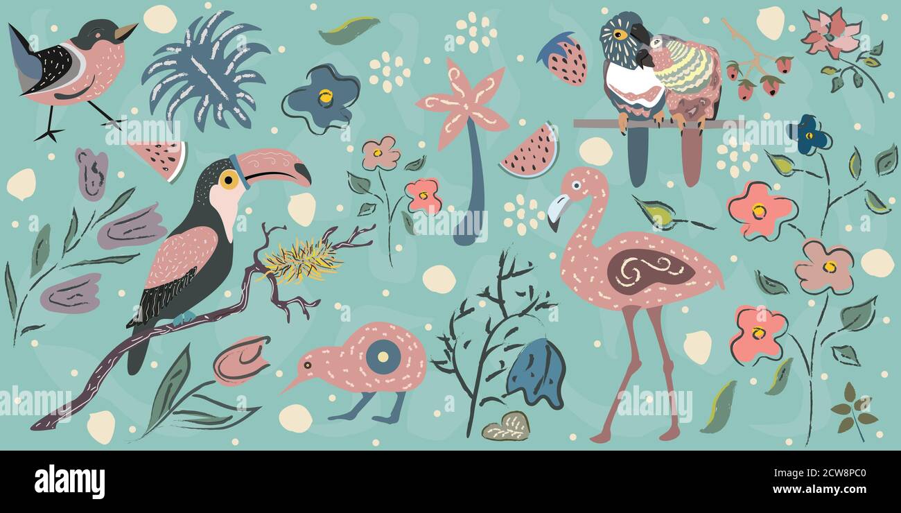 Big Tropical Collection with exotic birds. Flamingo, Parrots, toucan ...