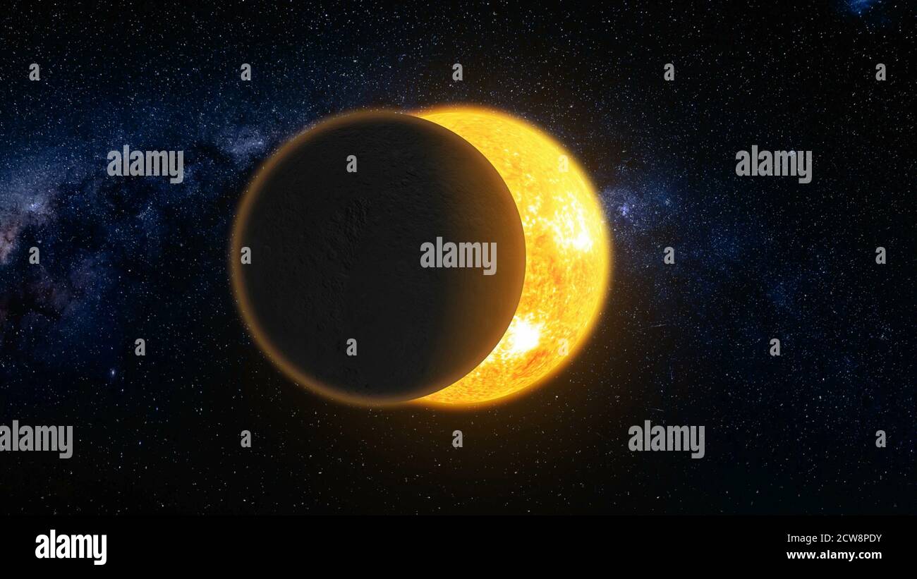 Total solar eclipse 3d: lunar silhouette art illustration. Epic scenery ...