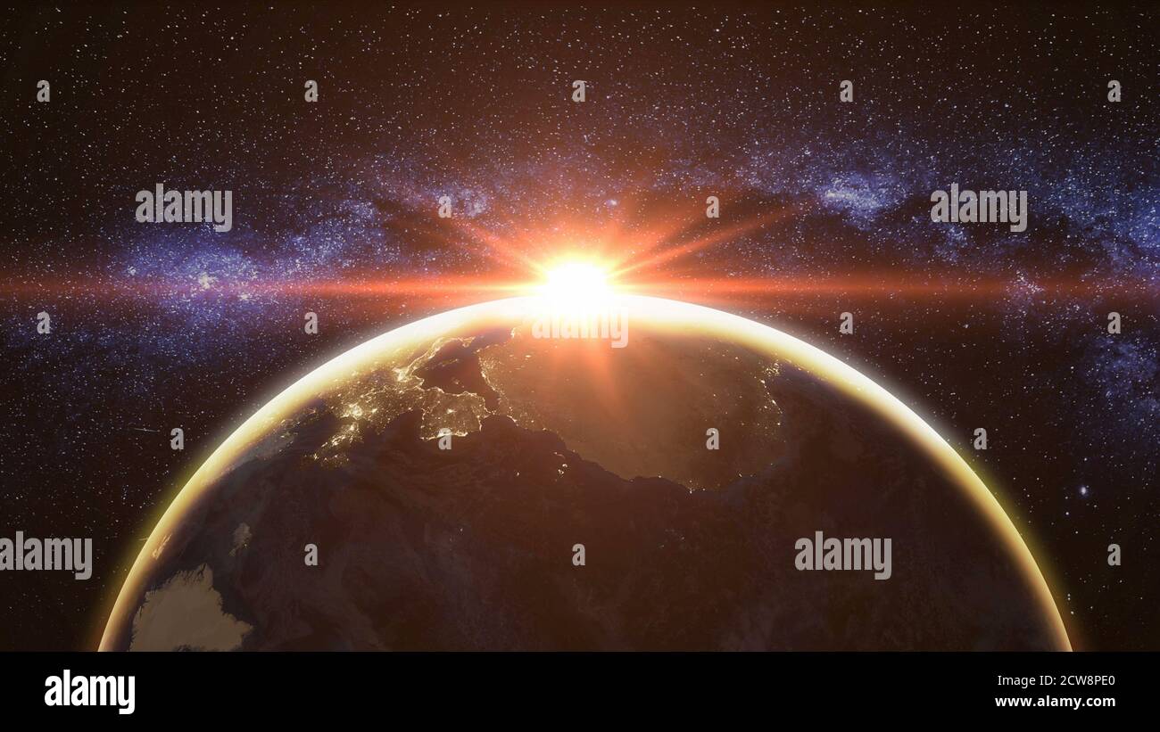 Space sunset Earth scape: sun set with its rays behind model of planet ...