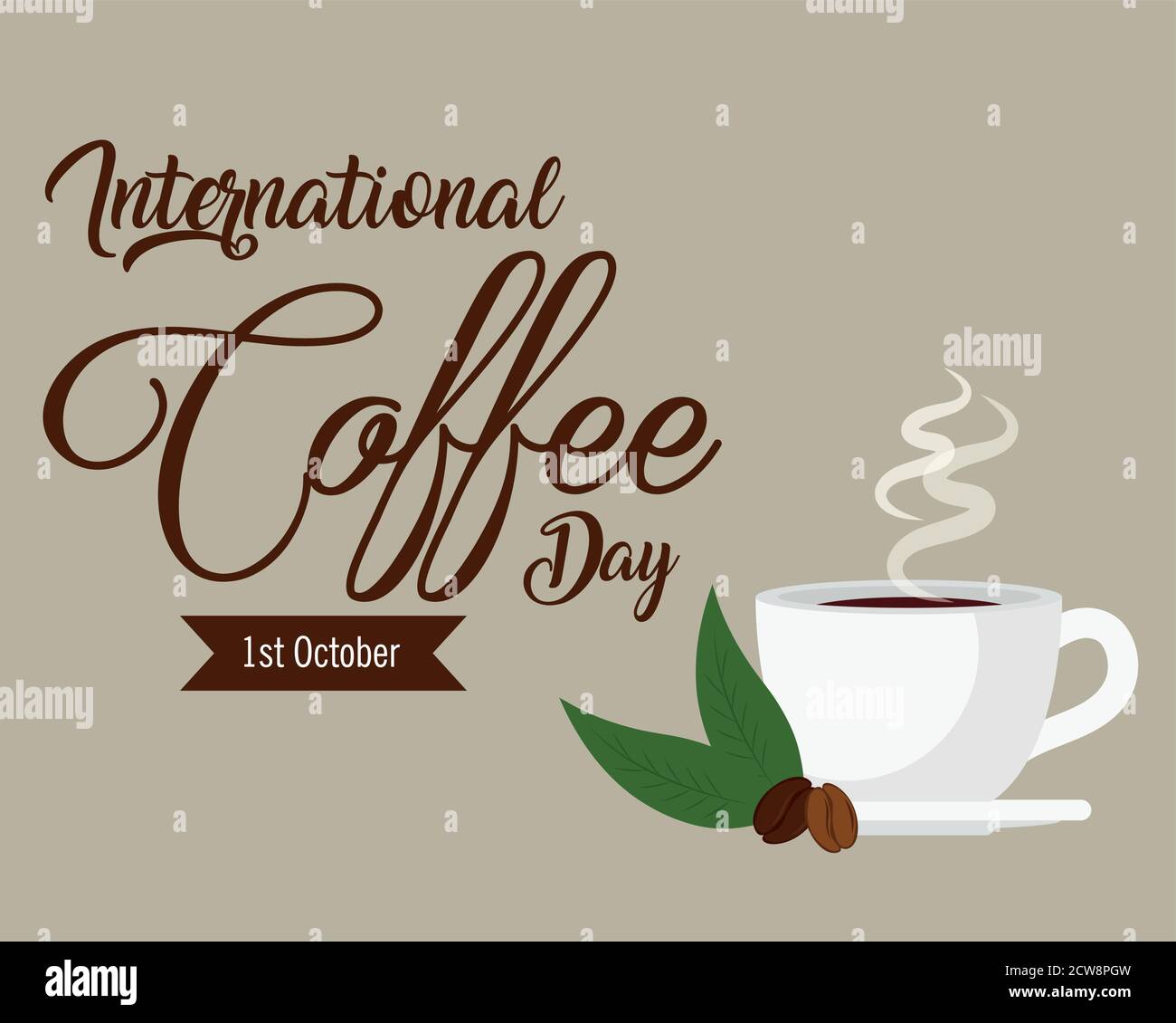 international coffee day poster, 1 october, with cup ceramic and grains ...