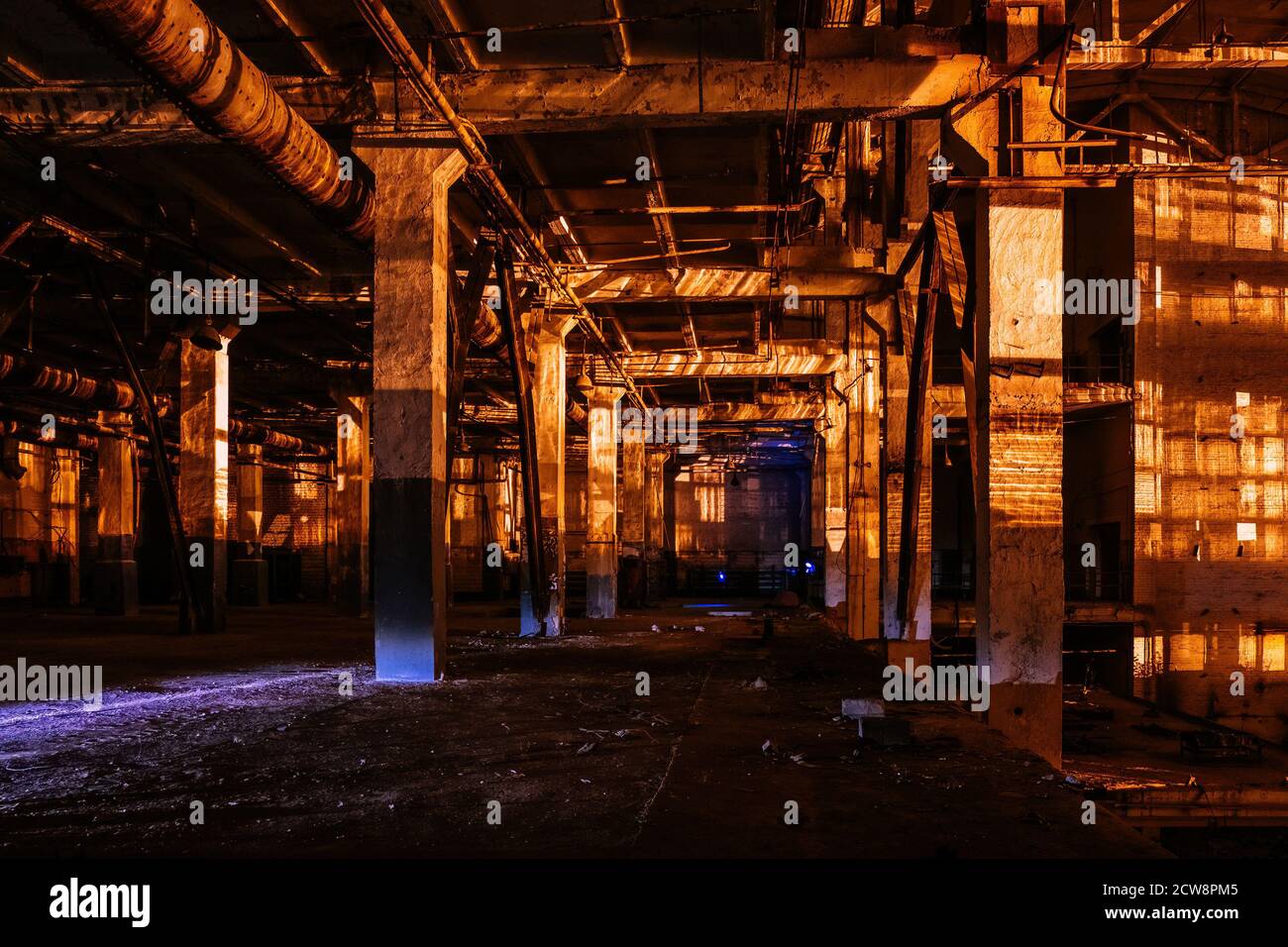 Dark creepy empty abandoned industrial building interior at night Stock ...