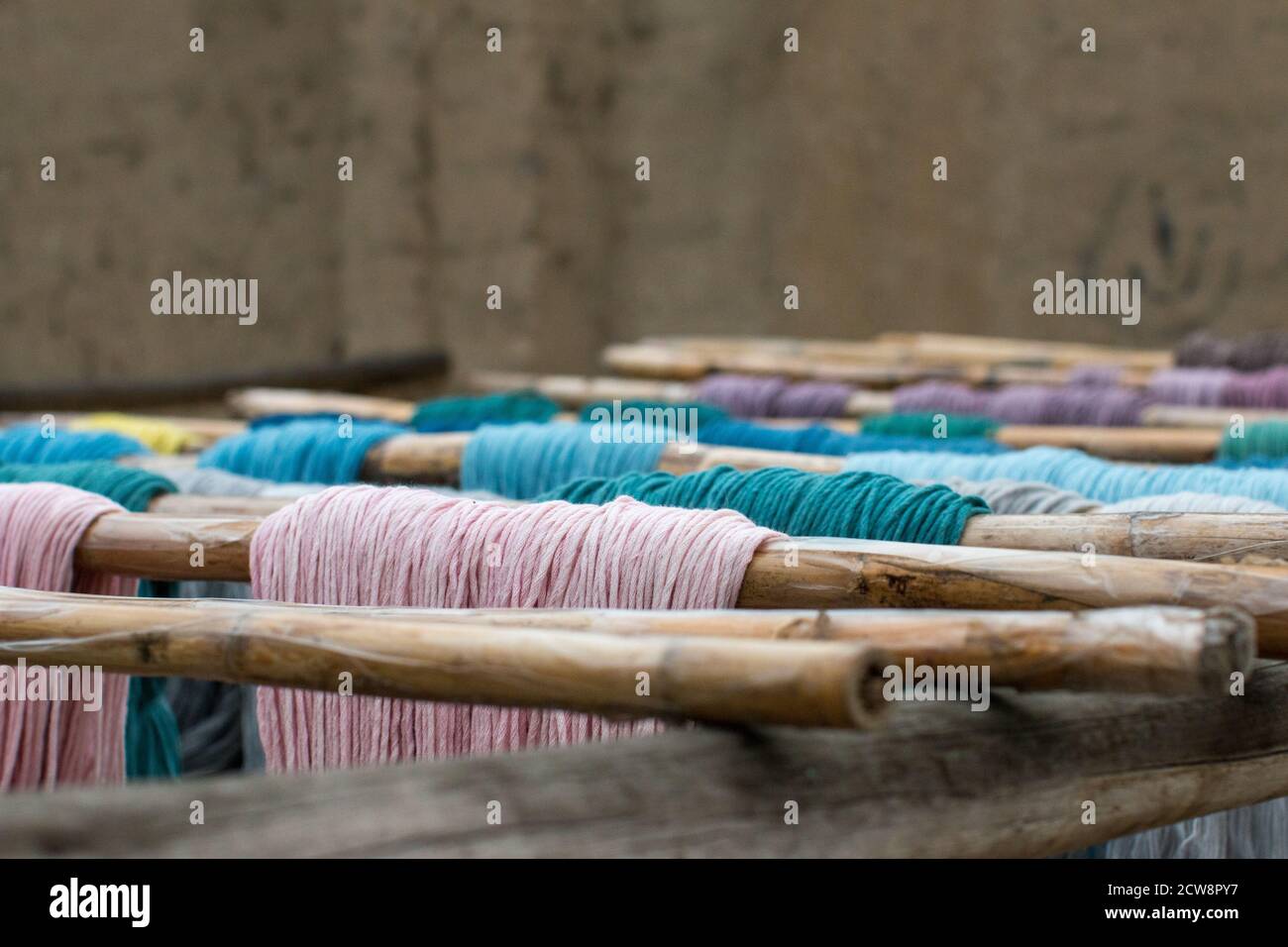 Hand dyed alpaca thread in an artisanal workshop in Peru Stock Photo ...