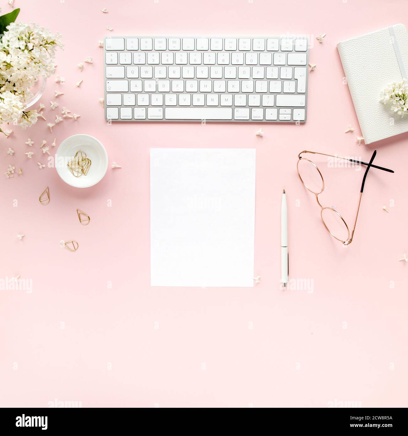Office table desk with computer, lilac, clipboard. magazines. Top view ...